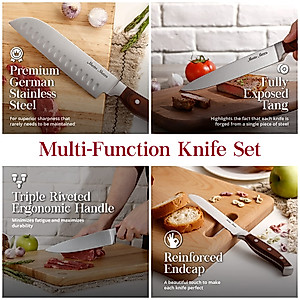 Master Maison Walnut Kitchen Knife Set With Wood Knife Block & Bonus Cleaver | German Stainless Steel Knives With Knife Sharpener & 6 Steak Knives | Professional Butcher Block Knife Sets For Kitchen