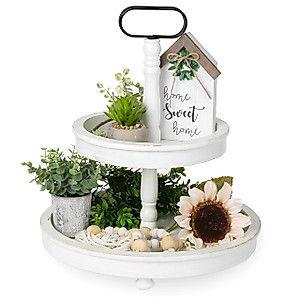 Ilyapa Decorative Farmhouse Tiered Serving Tray Stand - 2 Tier Rustic Wooden Serving Stand with Handle - White, 16 x 14.5 x 14.5