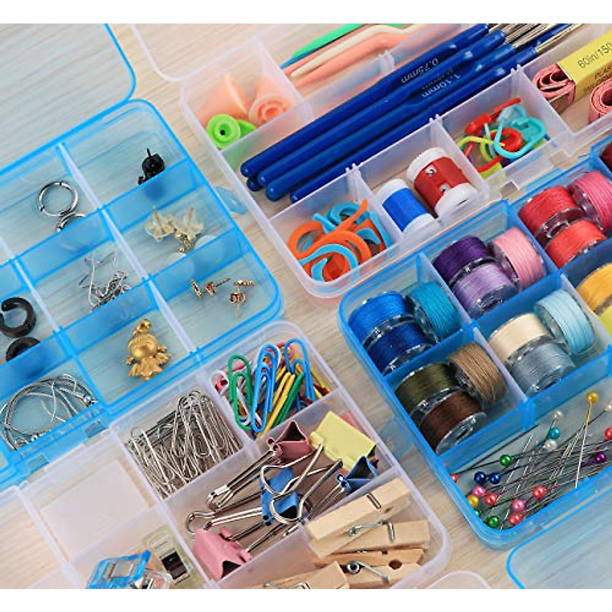 6 Pack Plastic Bead Organizer Storage Box with Compartments Containers with Adjustable Dividers Clear Storage Box for Earring Jewelry Beads Fishing Sewing Craft Supplies, 15 Grids