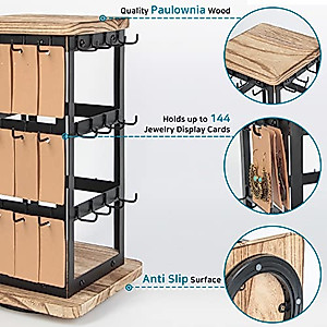 J JACKCUBE DESIGN 3 Tier 360 Rotating Black Metal Earring Holder Organizer, Jewelry Display Rack, Vintage Farmhouse Style Stand for Necklaces, Piercings with 48 Hooks and Wood Tray Shelf -MK1073A