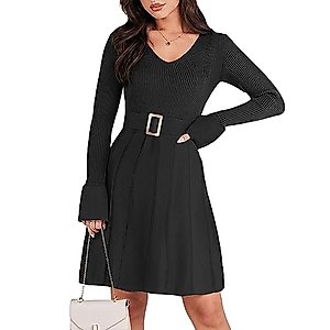 ANRABESS Sweater Dress for Women 2023 Fall Fashion Long Sleeve V Neck Tie Waist A-Line Pleated Swing Sexy Elegant Ribbed Knit Midi Formal Wedding Guest Dresses 1195heise-M Black