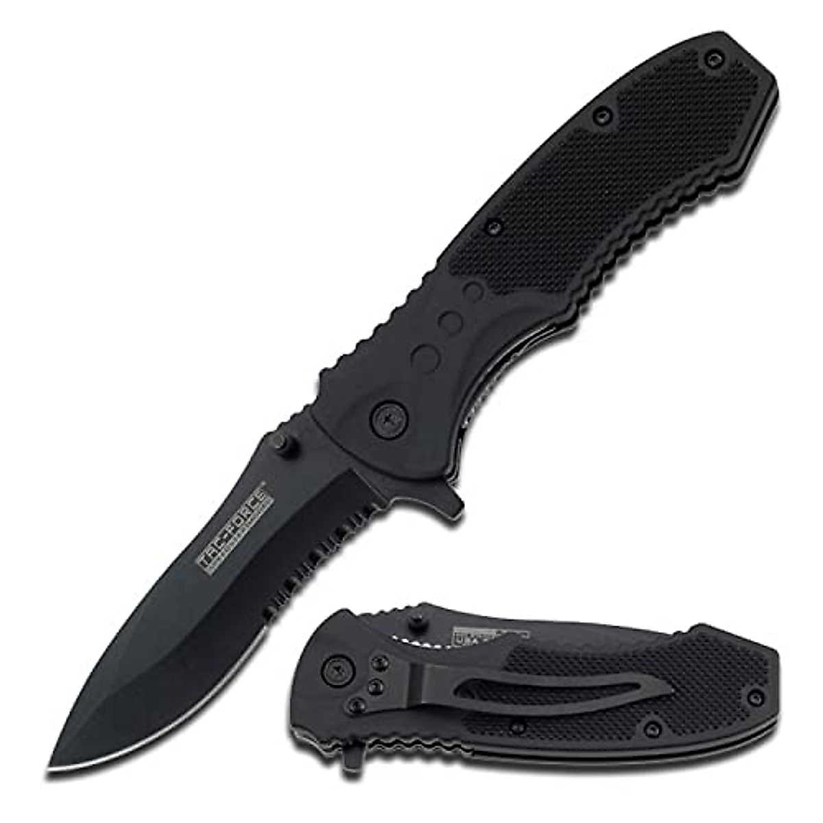 TAC FORCE Spring Assisted Folding Pocket Knife – Partially Serrated, Black Stainless Steel Blade with Black Nylon Fiber Handle and Pocket Clip, Tactical, EDC, Rescue - TF-800BK