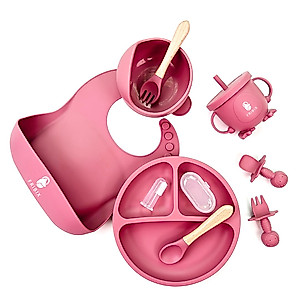 Fribix 9 PCs Silicone Baby Feeding Set, Baby Lead Weaning Supplies with Suction Bowl Plate, Toddler Self Feeding Essentials with Spoons Forks Cup Adjustable Silicon Bib for 6 months