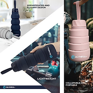 OLYMPIA WS collapsible water bottles 18oz silicone foldable leakproof BPA free for sports gym cycling climbing camping hiking traveling essentials carabiner lightweight portable (Navy Blue)