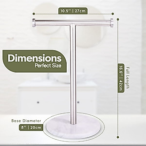 Homeries Marble Hand Towel Holder - Stainless Steel Towel Stand with Round Marble Base - Modern T-Shape Hand Towel Valet for Bathroom, Vanity Top Towel Stand, Counter Towel Bar, Jewelry Rack