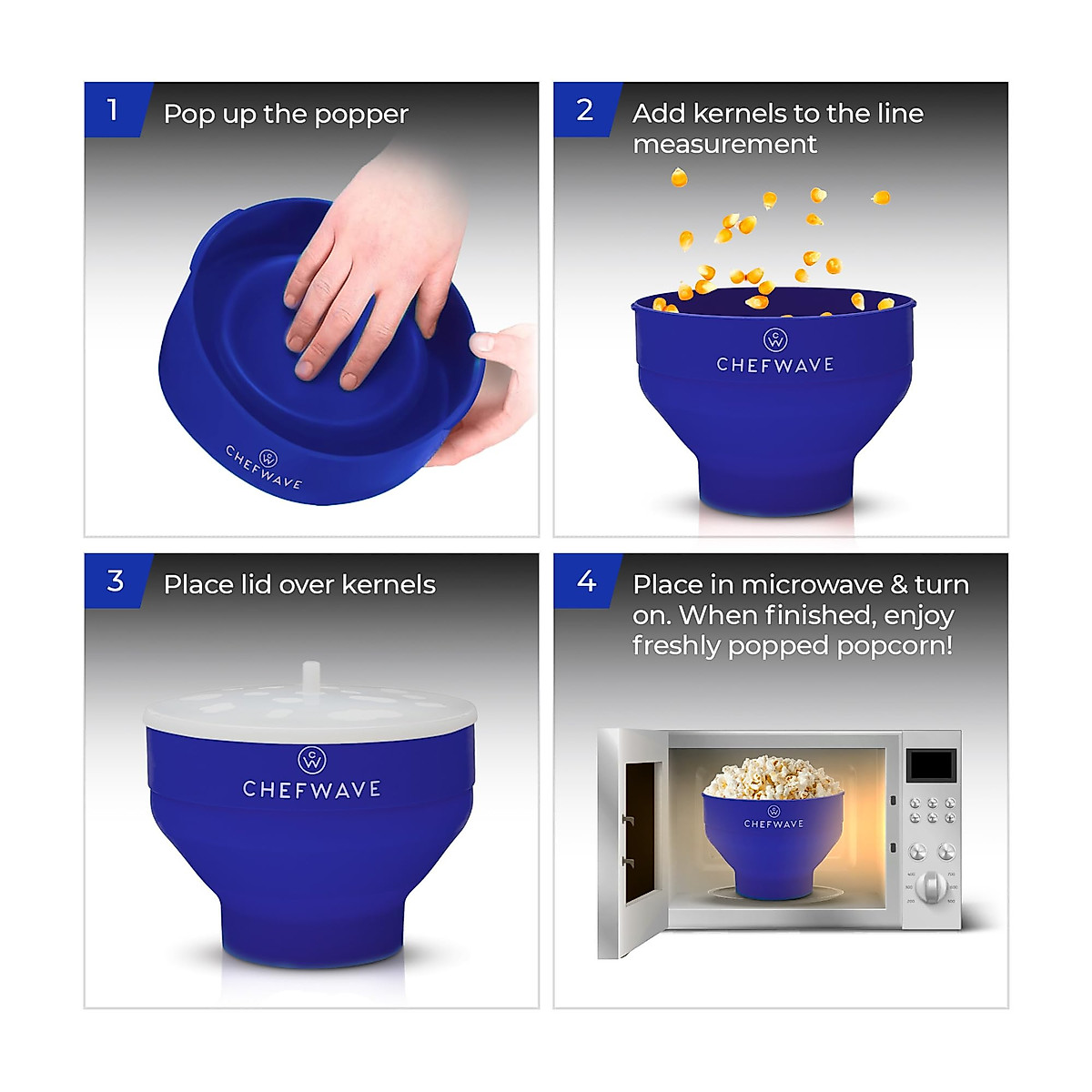 Chefwave Silicone Popcorn Popper (Dark Blue) - Reusable, Collapsible Microwave Popcorn Bowl - Dishwasher Safe