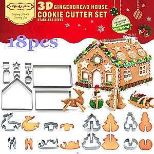 3D Christmas House Cookie Cutter Set, Gingerbread House Cutters Kit, Festive Xmas Stainless Steel Biscuit Cutter Set, Including Christmas Tree, Snowman, Reindeer, Sled Shapes, Gift Box Package(18 PCS)