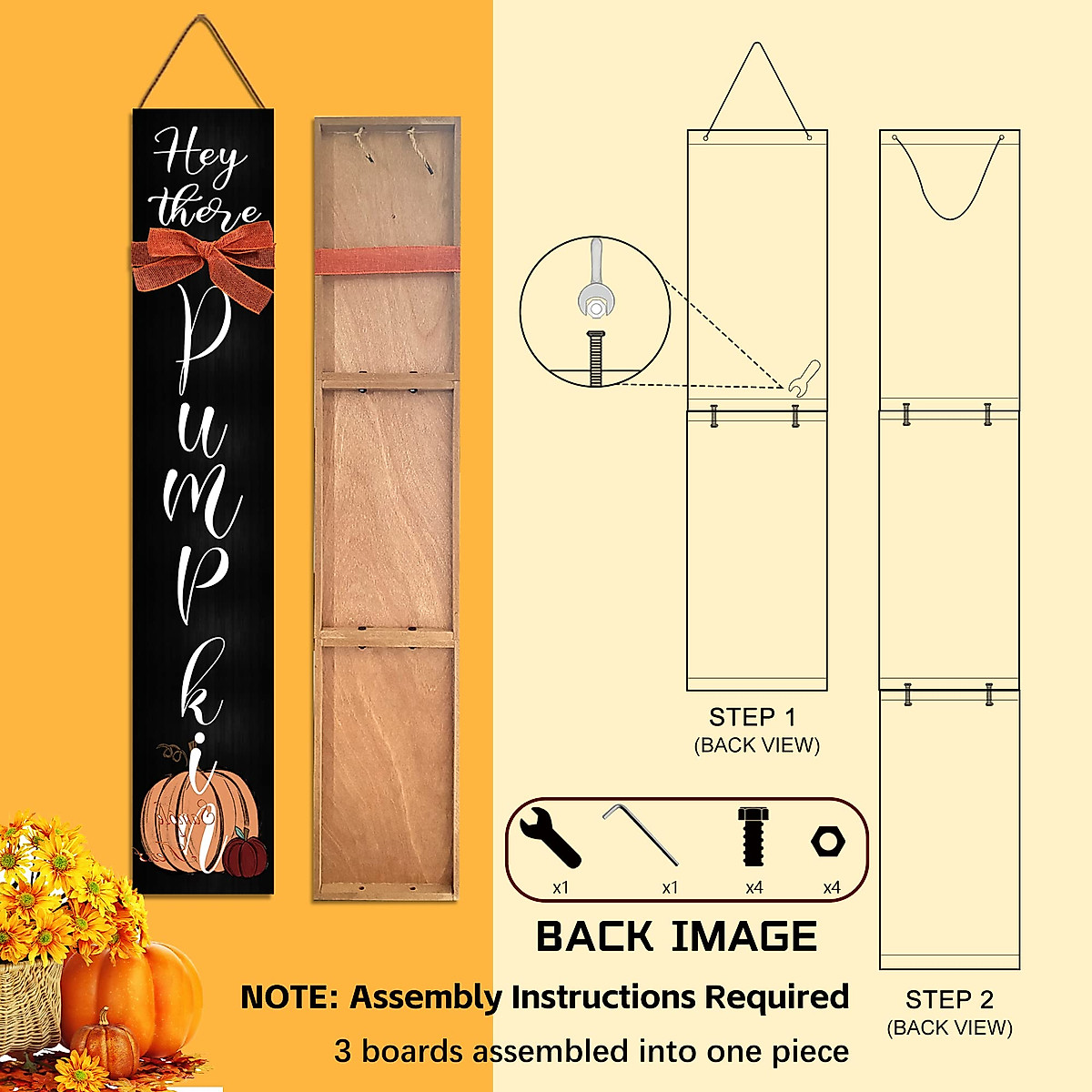 ARTUFAN Fall Wooden Porch Sign with 'Hey there pumpkinf'and orange burlap bow,Welcome Sign for Porch Farmhouse Thanksgiving Autumn Front Door Decor -47.2"