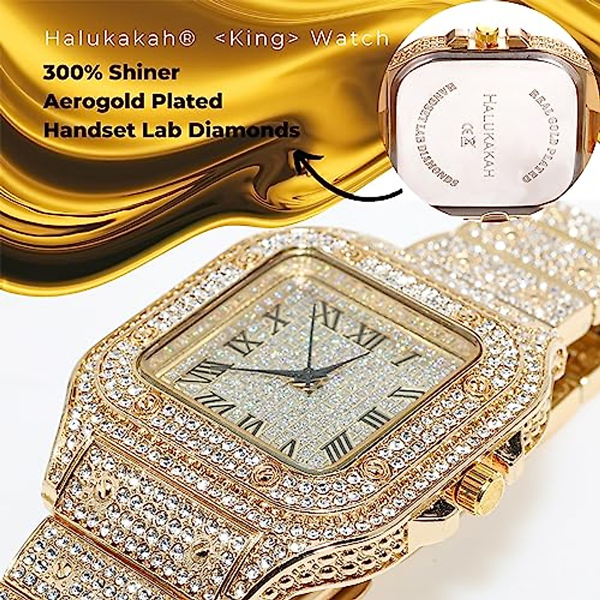 Halukakah Men's Diamond Watch - The King - 18K Gold Plated, 40MM Square Dial, Iced Out Wristband, Lab Diamonds Handset, Comes in Giftbox