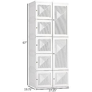 HOMCOM Portable Wardrobe Closet, Folding Bedroom Armoire, Clothes Storage Organizer with Cube Compartments, Hanging Rod, Magnet Doors, White