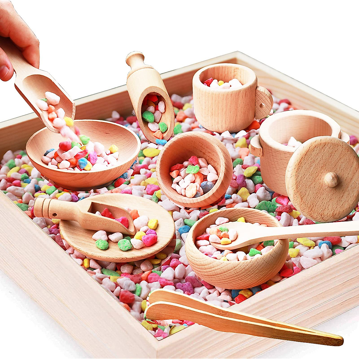 12 Pcs Wooden Sensory Bin Tools, 1 Wooden Box + 11 Sensory Tools for Toddlers & Preschool Children, Montessori Sensory Wooden Toys Fine Motor Learning Pretend Play for Kids