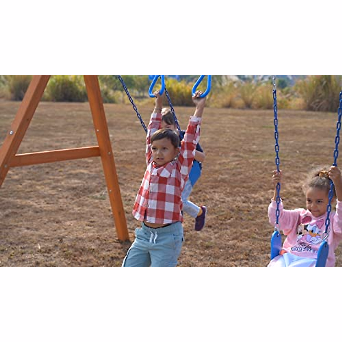 Dolphin Playground Wooden Swing Sets for Backyard, Family DIY Kit for Any Swings, Outdoor Playset for Kids with Trapeze Swing Bar and 2 Belt Swings, Heavy Duty Playground Accessories, Ages 3-12