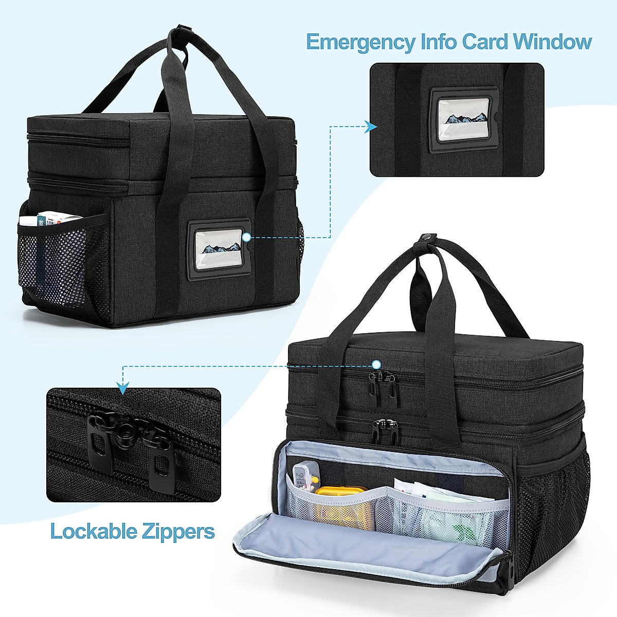 CURMIO Double Layers Pill Bottle Organizer Bag Empty, Medicine Organizer Storage Case with Lockable Zippers, Medication Travel Bag for Prescription Bottles, Medical Supplies, Black (Patent Design)