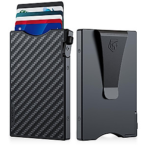 MNGARISTA Minimalist Slim Metal Wallet for Men, Pop Up Credit Card Holder with 3K Carbon Fiber Cover and Detachable Money Clip, RFID Blocking Wallet for 4-6 Cards (Black)