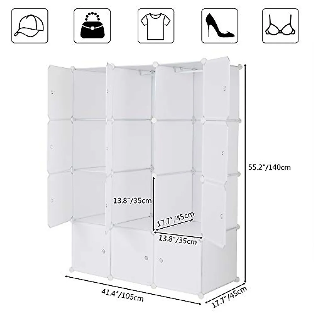 Modular Cube Organizer with Hanging Rod 12 Cube Stackable Plastic Wardrobe Cabinet with White Doors - Portable Closet Wardrobe
