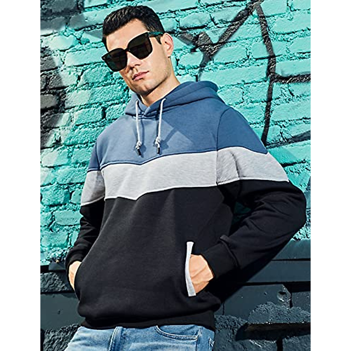 DUOFIER Men's Active Sweatshirt Top Kangaroo Pocket Hoodie Basic Designed, Denim Blue-XXL