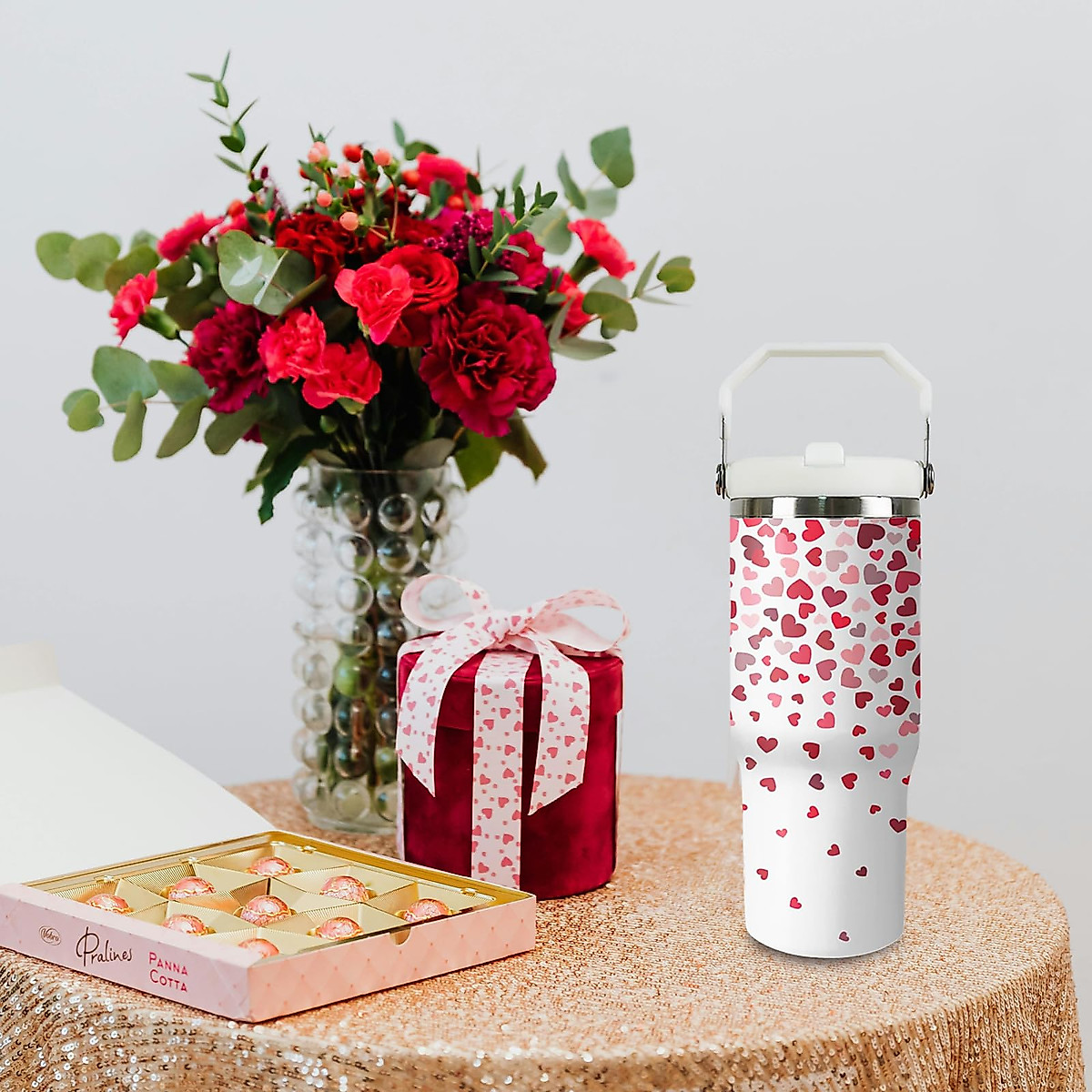 HOWSEESNOW 30oz Valentines Insulated Tumbler with Handle and Straw, Leak Proof Travel Coffee Mug, Reusable Stainless Steel Heart Tumbler, Valentines Gifts for Her