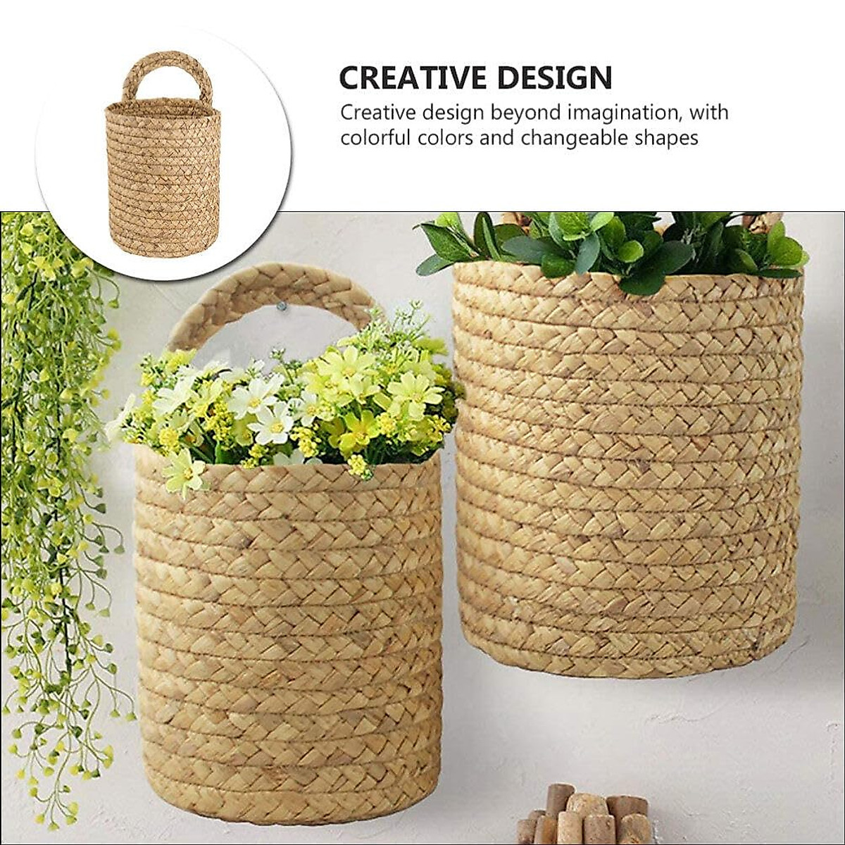Cabilock Woven Flower Basket Hanging Rattan Plant Pot Wall Storage Weaving Basket Organizer Rustic Sundries Basket Home Decor