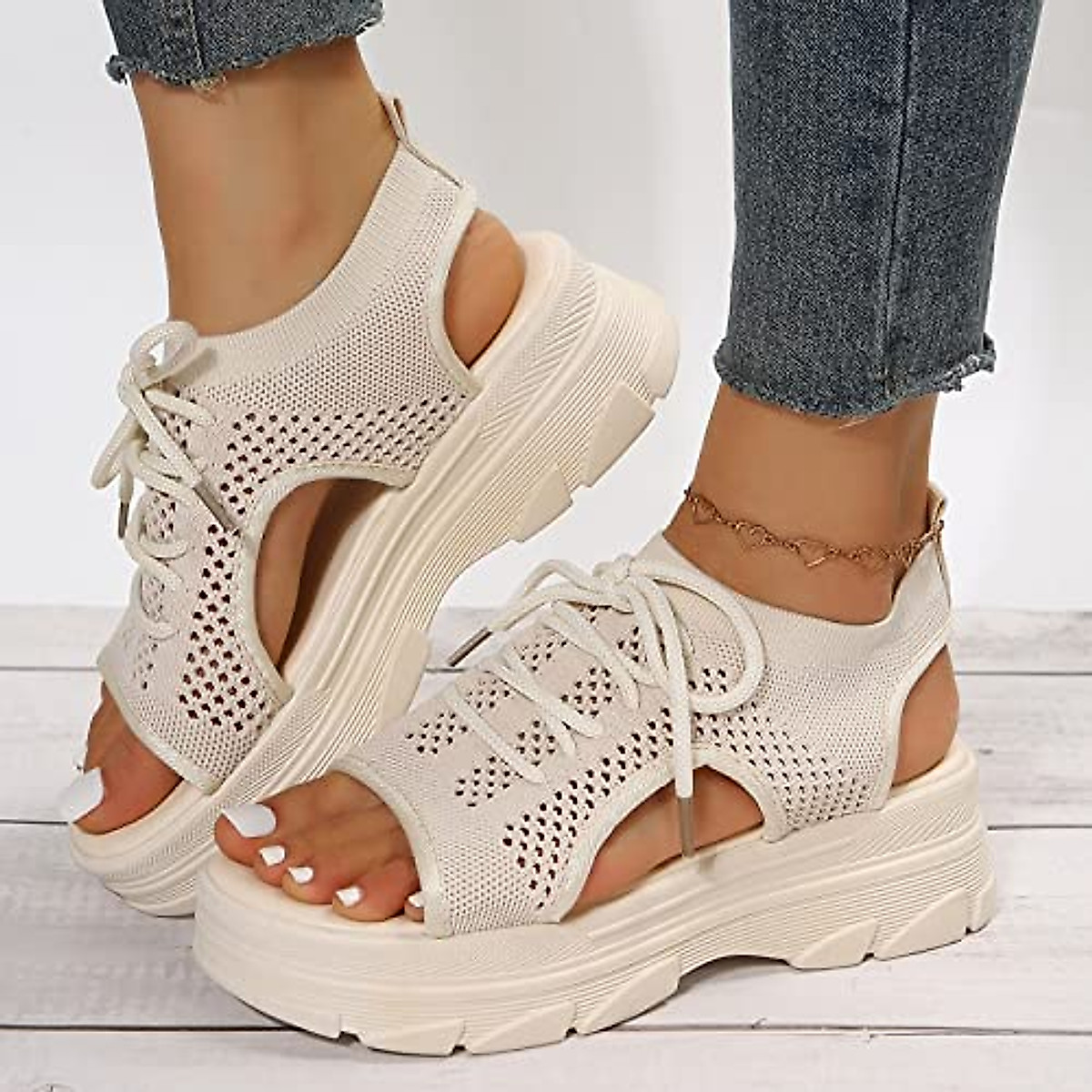 Mzluyin Casual Sandals Thick Bottom Muffin Shoes Breathable Mesh Hollow Out Sandals Lace Up Slingback Open Toe Wedges Comfortable Beach Shoes Sandals, 7.5, Beige