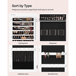 SONGMICS Jewelry Cabinet Armoire, Lockable Wall-Mounted Organizer Unit with 2 Plastic Cosmetic Storage Trays, Full-Length Frameless Mirror, White UJJC001W01