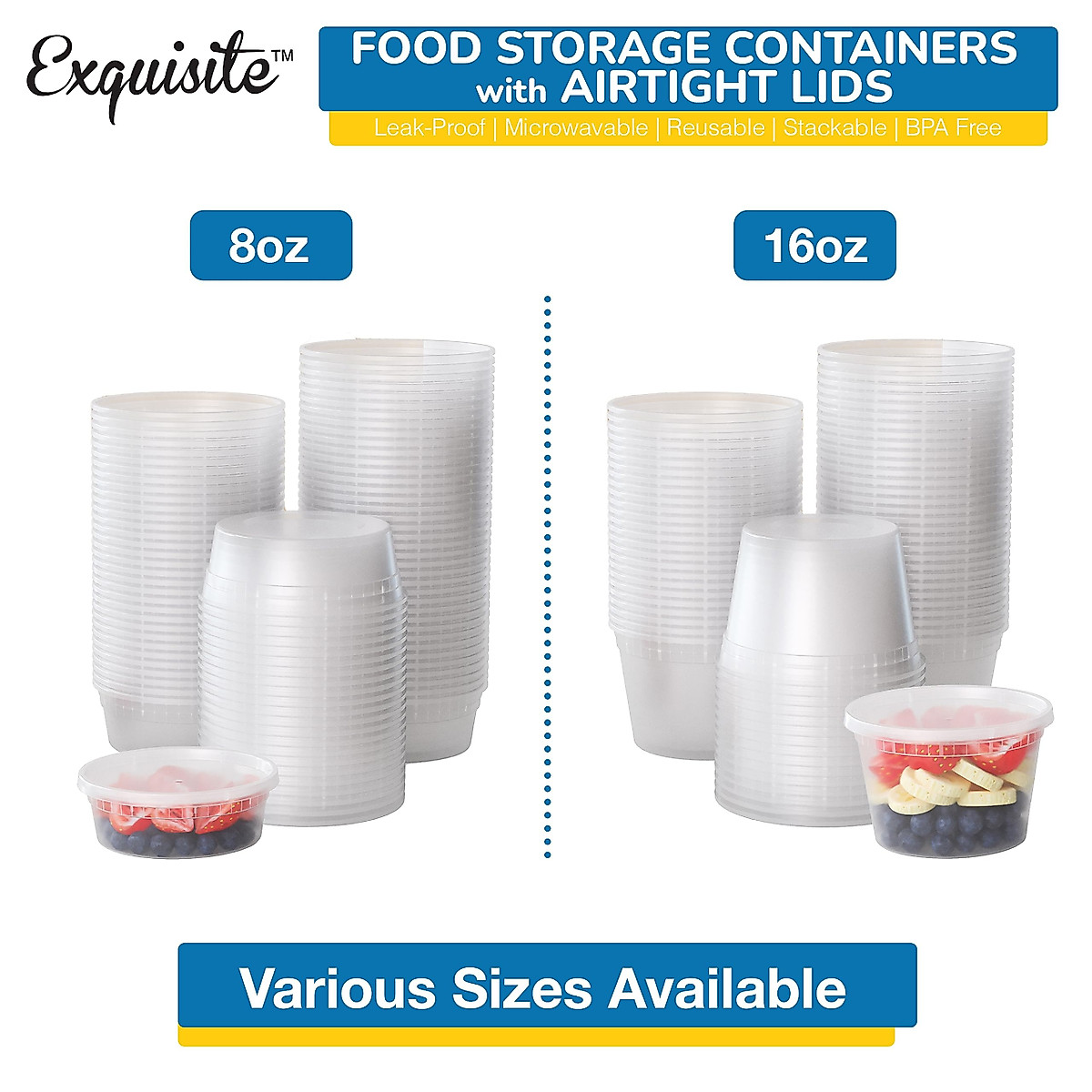 Exquisite Disposable 8 oz Plastic Containers With Lids - 48 Pack - Leak Resistant, Stackable, Microwave & Freezer Safe - Clear Rectangular Deli Containers