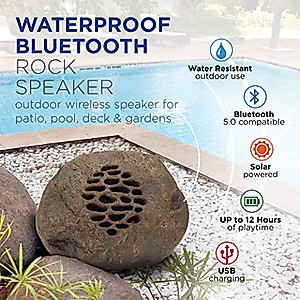 Alpine Corporation Weather-Resistant Bluetooth Solar-Powered Outdoor Wireless Rock Speaker – Set of 2 & Keter Outdoor Patio Furniture and Hot Tub Side Table with 7.5 Gallon Beer and Wine Cooler, Brown