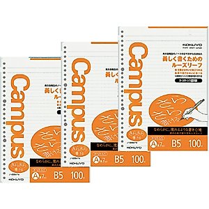 Kokuyo Campus Loose Leaf Paper for Binders, Sarasara Smooth Writing, B5, A 7mm Dotted Ruled, 26 Holes, 31 Lines, 100 Sheets, pH Neutral, Bleed Resistant, 75gsm, Pack of 3, Japan Import (NO-836ATN)