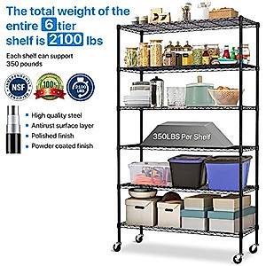 XXkseh Wire Shelving Unit with Wheels, 6 Tier Adjustable Metal Shelving Heavy Duty Storage Shelves 2100 Lbs Capacity 48" L X 18" W X 82" H Metal Shelf for Pantry Kitchen Basement, Black