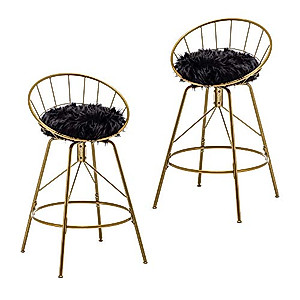 Alunaune 26inch Swivel Metal Bar Stools Gold Bar Chairs Set of 2 Black Faux Fur Counter Height Barstools Home Kitchen Counter Stool-Gold