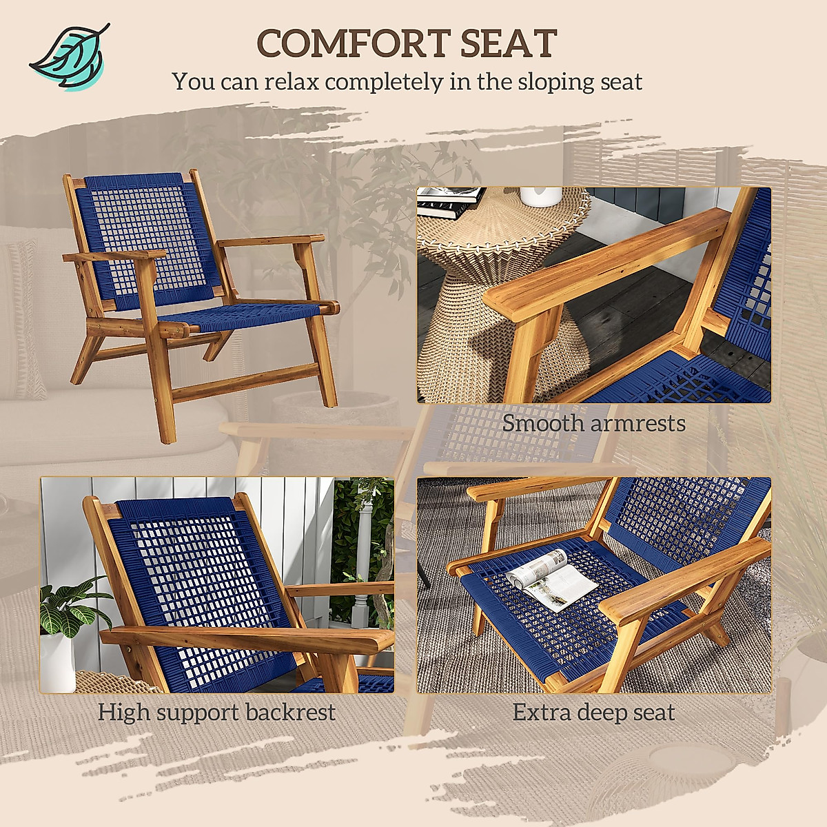 Outsunny Patio Acacia Wood Adirondack Chair, Modern Wood Fire Pit Chair with PP Rope Weave, Coconino Lounge Chair with High Backrest Support, Dark Blue