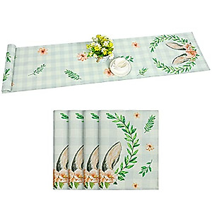 FRAMICS Easter Table Runner with Placemats Set of 4 Cute Plaid Bunny Rabbit Ears Flowers Table Runners and Table Mats Spring Linen Table Decor 14x72 Inches for Gathering Home Party Dinner