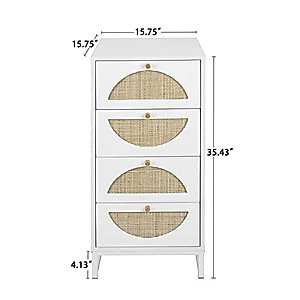 Natural Rattan Drawer Chest Storage Cabinet Suitable for Living Room and Bedroom, Bedroom Dresser with 4 Drawers for Small Space, Storage Tower Organizer Unit for Hallway/ Entryway/ Closets (White)