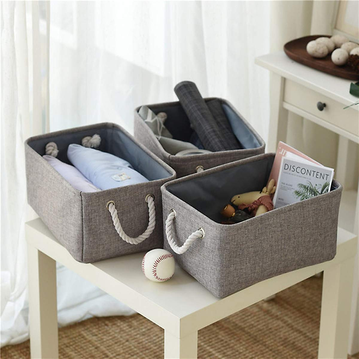 Basket Rope Storage Baskets, Flax Organizer Waterproof with Handles 16 x 12 x 8 Inches, Basket Storage of clothes toy and Daily Necessities