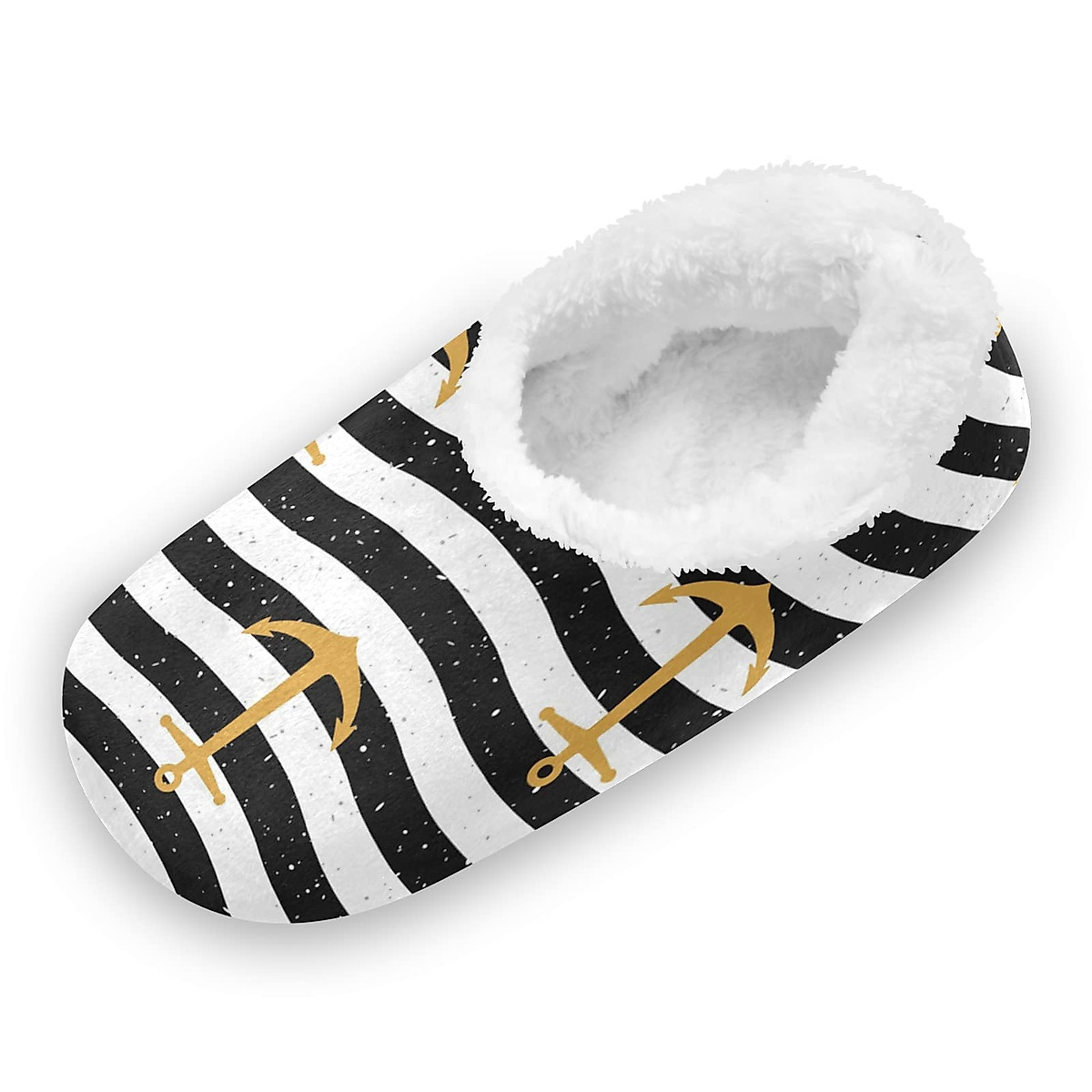 Indoor Slippers for Women Men Nautical Sea Anchor Stripe House Slipper Socks with Grippers Non-Slip Fuzzy Feet Slippers Winter Warm Flip Flop (Men 11-12)