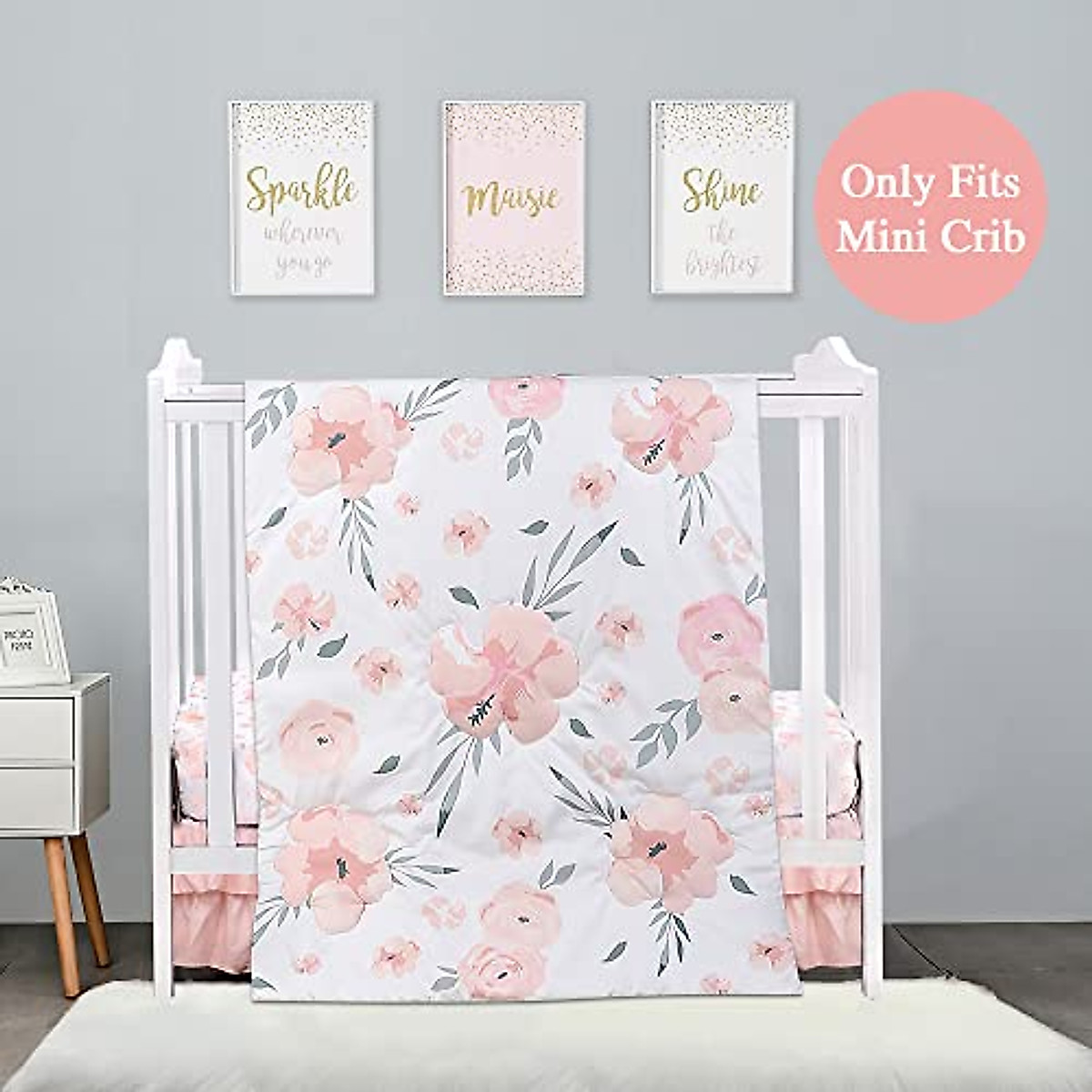 PINNKKU 3-Piece Mini Crib Bedding Set for Girls, Mini/Portable Crib Bedding Set for Girls, Blush Pink Flower Crib Skirt, Blanket, Crib Sheet, Fits Mini Crib Only