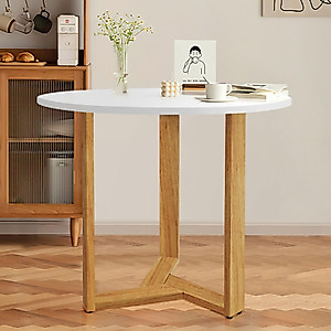 KithKasa 31.5" Mid Century Modern Round White Dining Table for 2-4, with Wood Legs & MDF Tabletop for Small Space Dining Room Narrow Nook