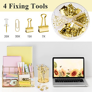 NiOffice Gold Desk Organizer Set with Acrylic Accessories - Includes Stapler, Tape Holder, Pen Holder, Scissors, Phone Holder, Binder Clips, Staple Remover and 1000 Staples