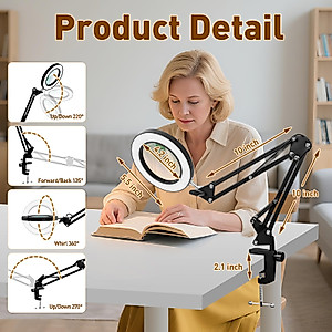 5X Magnifying Glass with Light and Stand, KIRKAS 2-in-1 Real Glass Lens Magnifying Desk Lamp with Clamp, 3 Color Modes, Stepless Dimmable Magnifier Light for Close Work Repair Reading Crafts- Black