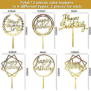 12 Pieces Acrylic Happy Birthday Cake Topper Glitter Birthday Cupcake Topper Pick Decorations for Birthday Party Cake Desserts Pastries, 6 Styles (Gold)