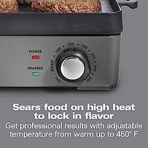 Hamilton Beach Professional Cast Iron Indoor Electric Grill & Griddle, 10" x 16" Preseasoned Cooking Surface, Adjustable Temperature up to 450° F, Black (38560)