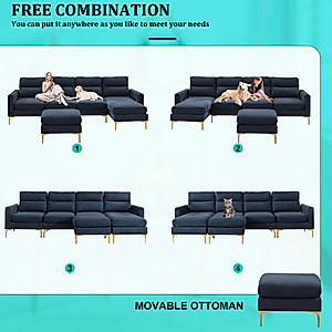 URRED Sectional Sofa Couch, 4 Seat U-Shaped Sofa Set for Living Room,Velvet Fabric Convertible Modular Sofa Sleeper with Double Chaise/Oversized Seats/Comfortable Backrest, Blue