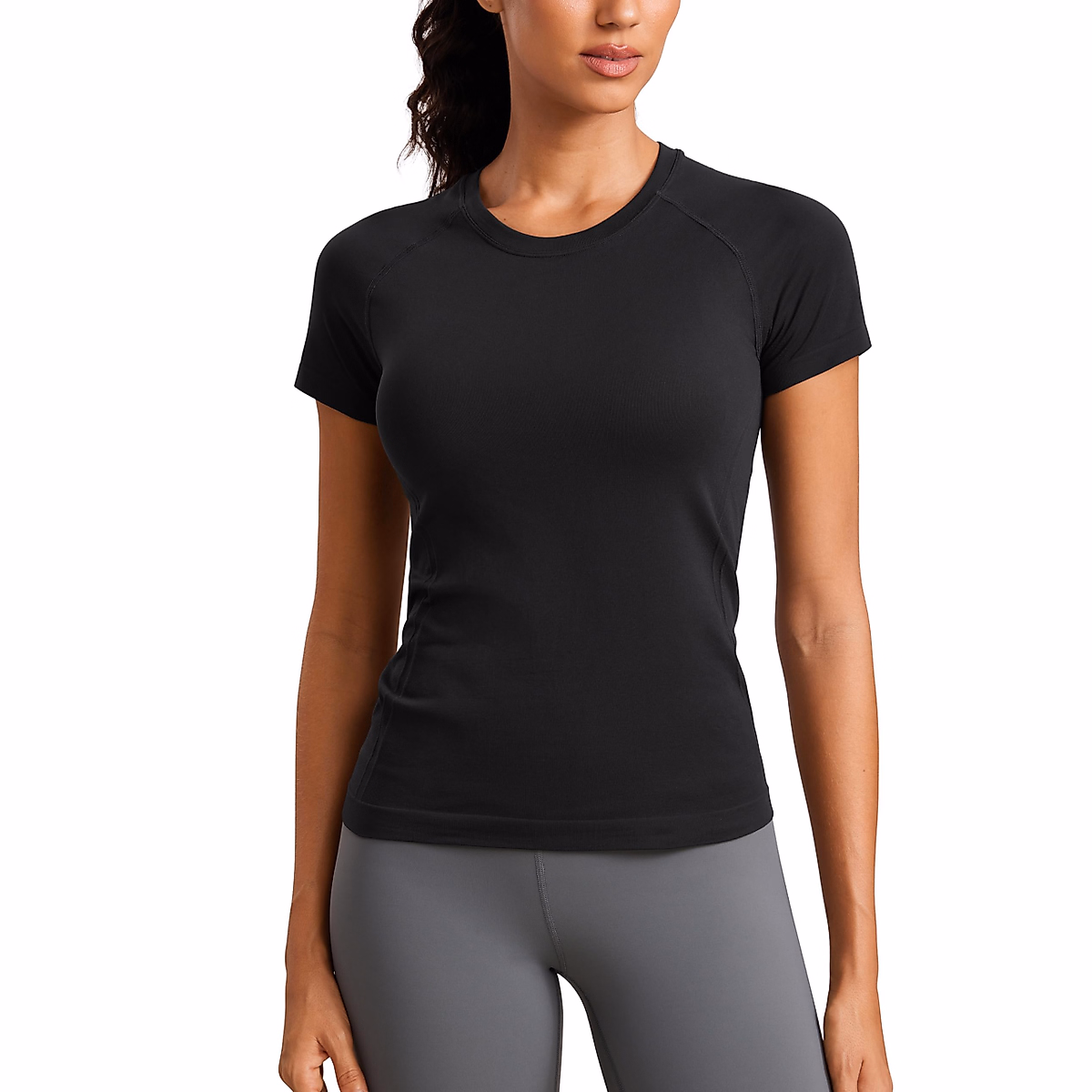 CRZ YOGA Seamless Workout Tops for Women Short Sleeve Athletic Tees Breathable Gym Running Yoga Shirts Black Medium