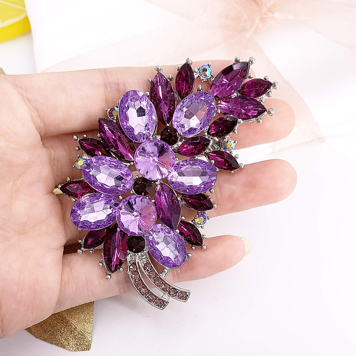 LAXPICOL Vintage Purple Austrian Crystal Flower Leaf Bouquet Clusters Large Big Brooch Pin for Women Jewelry