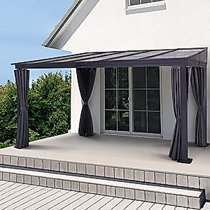 GARTOO 10' x 13' Outdoor Wall-Mounted Hardtop Gazebo, Aluminum Frame Pergola Sunroom with Sloping Polycarbonate Roof & Double Curtains for Garden, Lawn, Party, Deck
