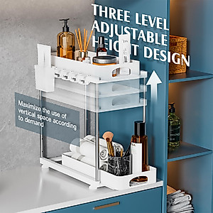 VERIFOST 2 Pack Under Sink Organizers and Storage, Double Sliding Kitchen Cabinet Organizer, 2 Tier Height Adjustable Countertop Organizer for Kitchen Bathroom Laundry, White