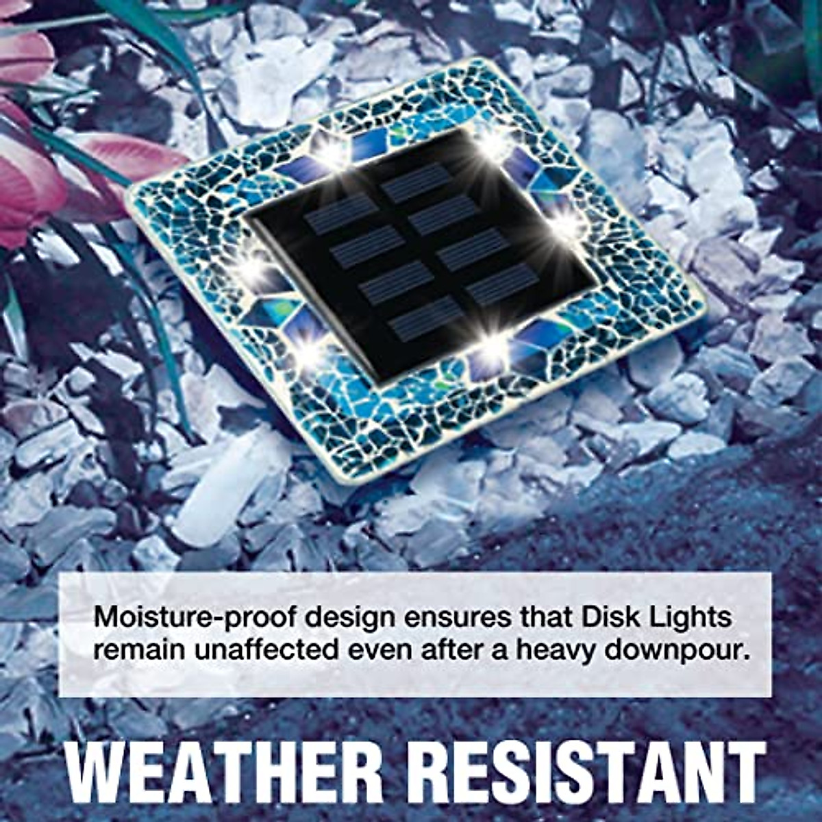 Bell+Howell Disk Lights Solar Ground Lights Mosaic Wireless Auto On/Off Solar Pathway Garden Outdoor Lighting with 6 LED Bulbs for Lawn, Patio, Garden, Yard, Pathways Waterproof, 4 Pack - Blue