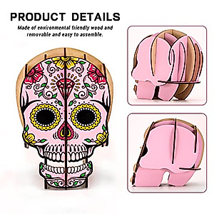 Sugar Skull Pen Pencil Holder, Large Wooden Pen Organizer for Desk with 8 Compartments, Unique Desk Organizer for Office Supplies Makeup Brush Skull Gifts for Women, Skull Desk Accessories (Pink)