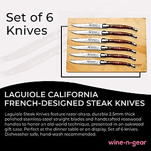 Laguiole California Steak Knives - 6 Piece Rosewood Set - Ergonomic Handles - Stored in a California Oakwood Gift Box - Extremely Sharp Straight Steel Blades are Thick Gauge, Full Tang