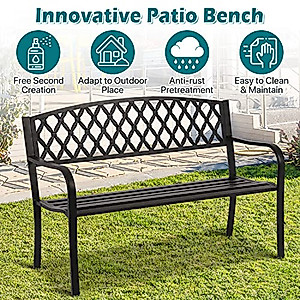 Yewuli 50" Metal Bench Outdoor Garden Benches Porch Patio Bench Weatherproof, Modern Park Benches for Outside Patio Furniture Loveseats Decor Cast Iron Frame, Black
