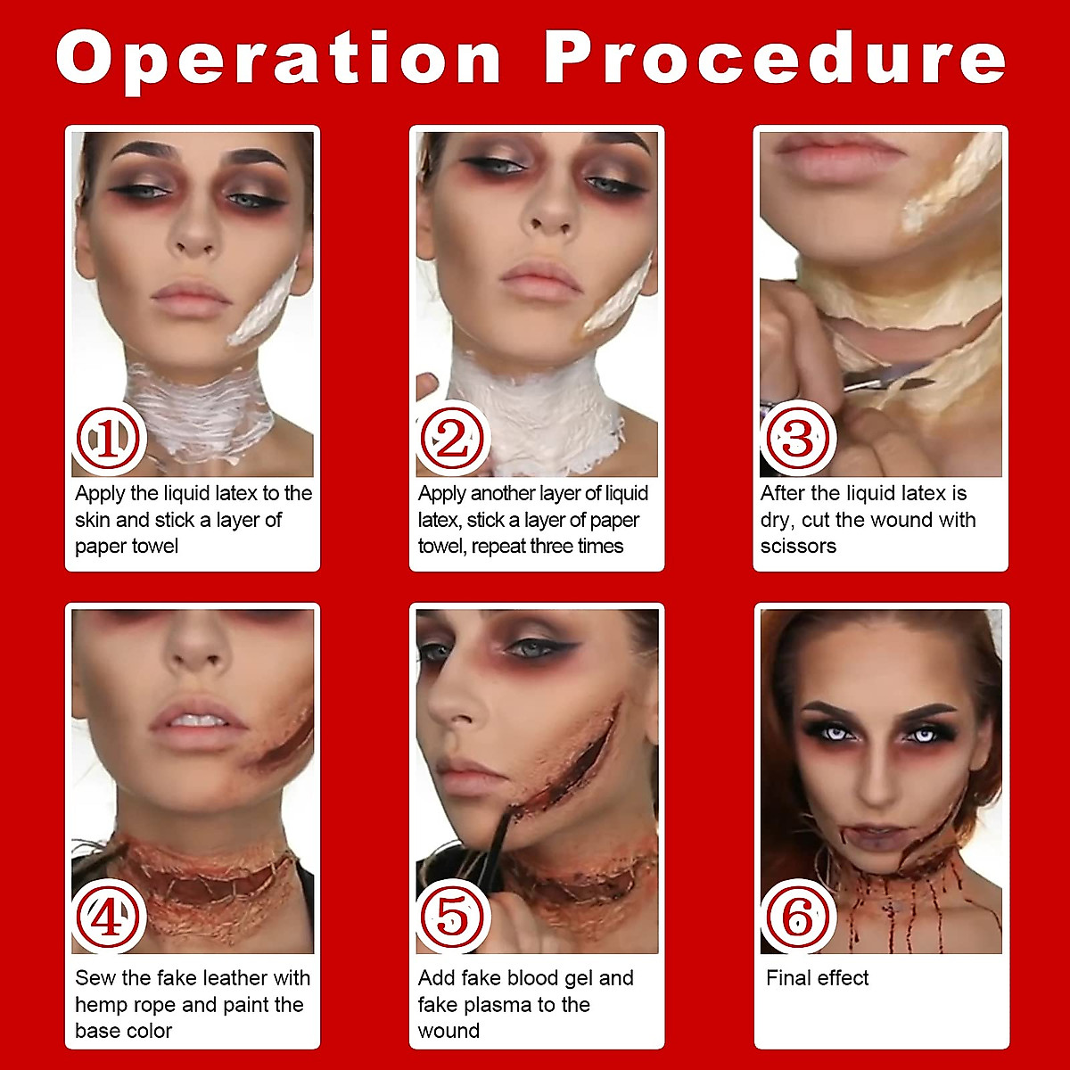 Yeweian Liquid Latex SFX Makeup Kit, 2.1Oz Latex Liquid with Coagulated Fake Blood Gel, Squirt Blood and Stipple Sponge, Halloween Monster Zombie Clown Makeup for Scald Burn Scar Wound,Cut,Skin Decay, Prosthetics, Old Age Wrinkle(Light Flesh)